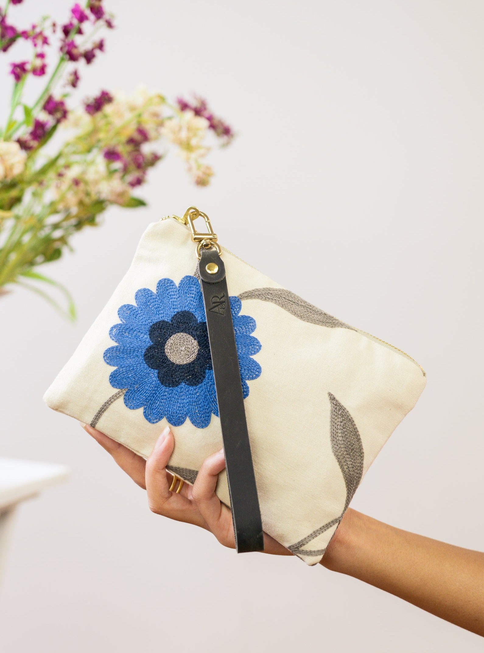 Ash & Rose Blue Poppy Embroidered Fabric Wristlet Purse, Leather Strap ...