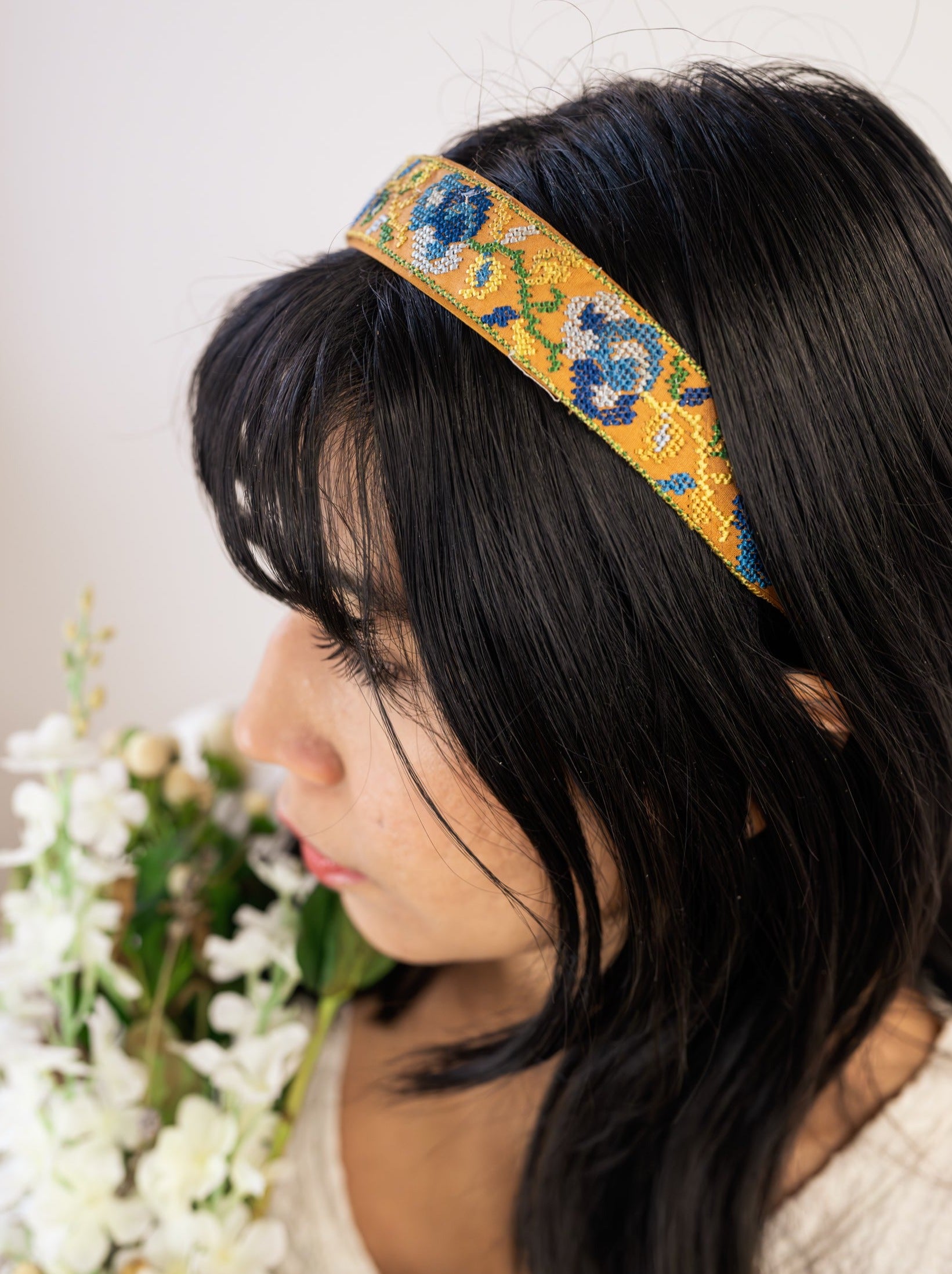 Nora Cross Stitch Headband, blue flowers, vintage cotton ribbon ...