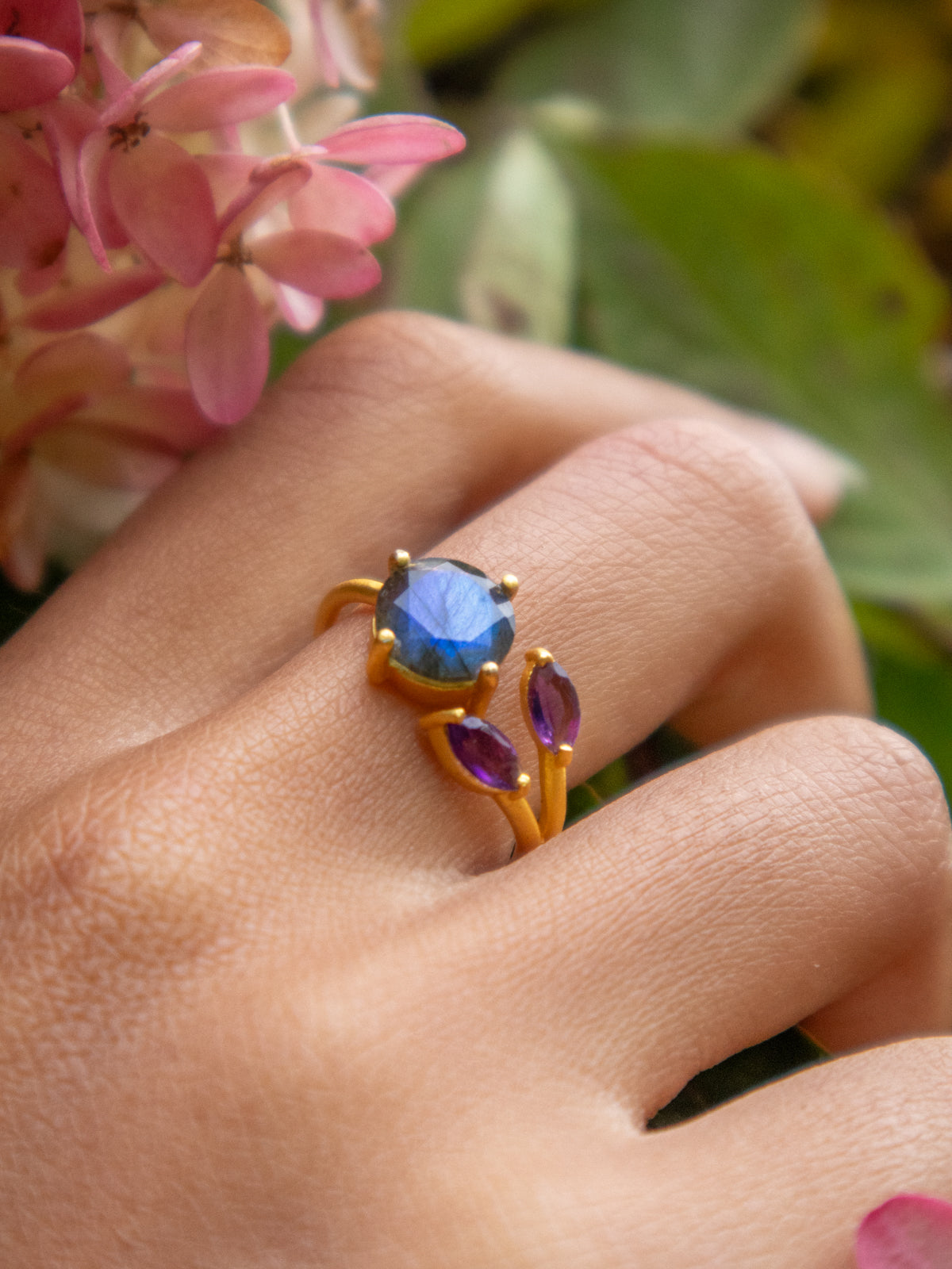 Ash & Rose Bloom Ring - Botanical Gemstone Design, 18k Gold Plated ...