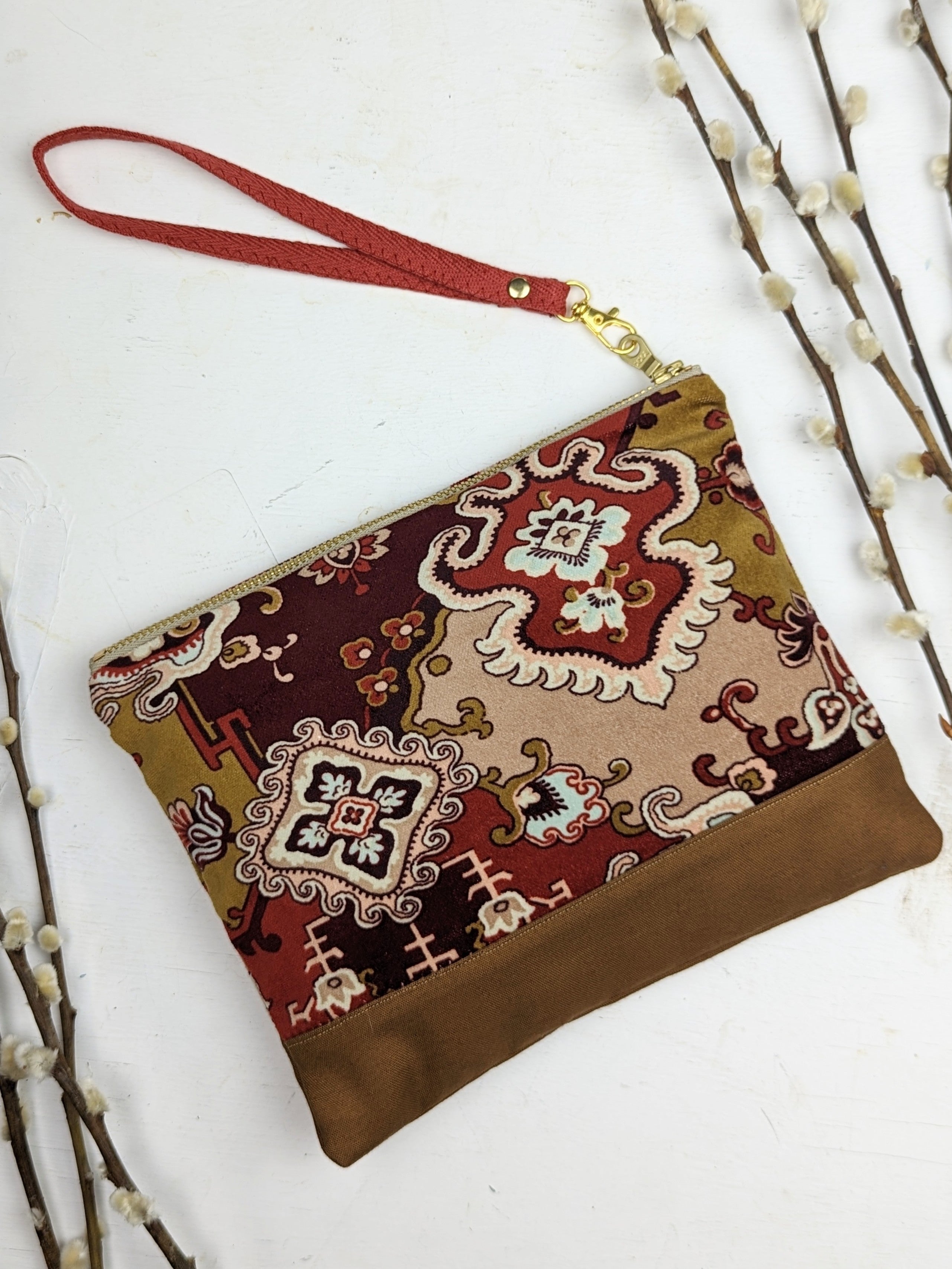 Ash & Rose BoHo Red Print Velvet Fabric Wristlet Purse, Vintage Fabric ...